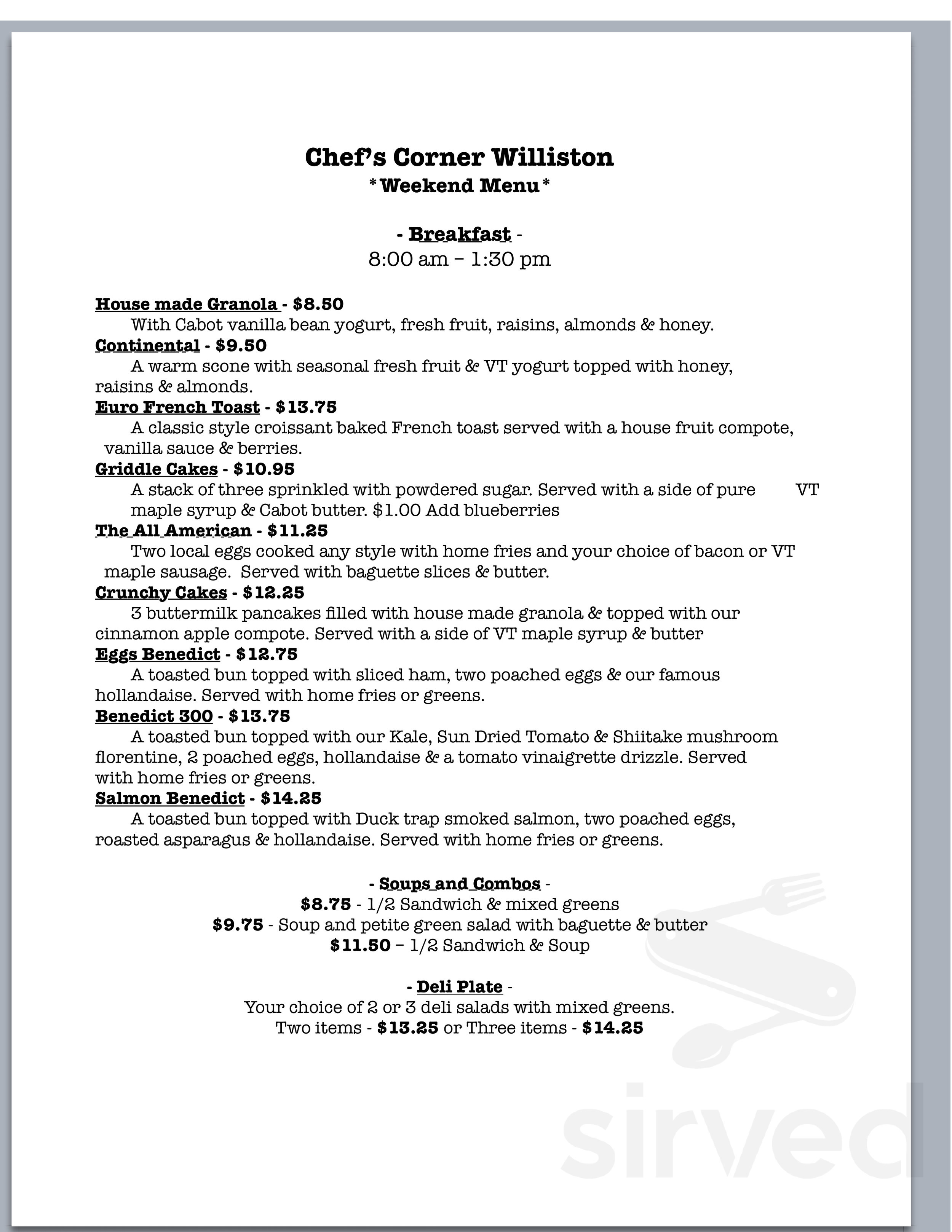 Chef's Corner menu in Williston, Vermont, USA