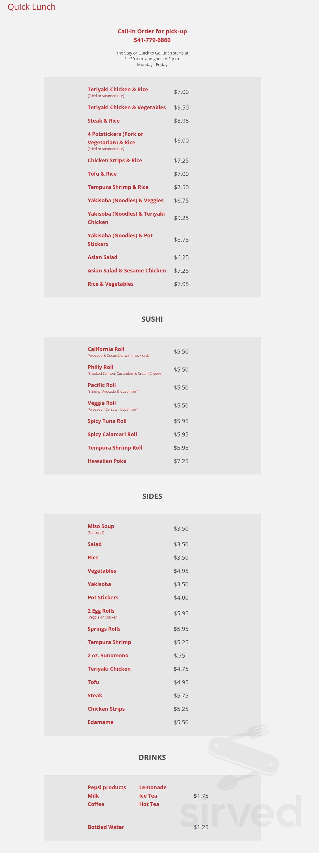 Shoji's menu in Medford, Oregon, USA