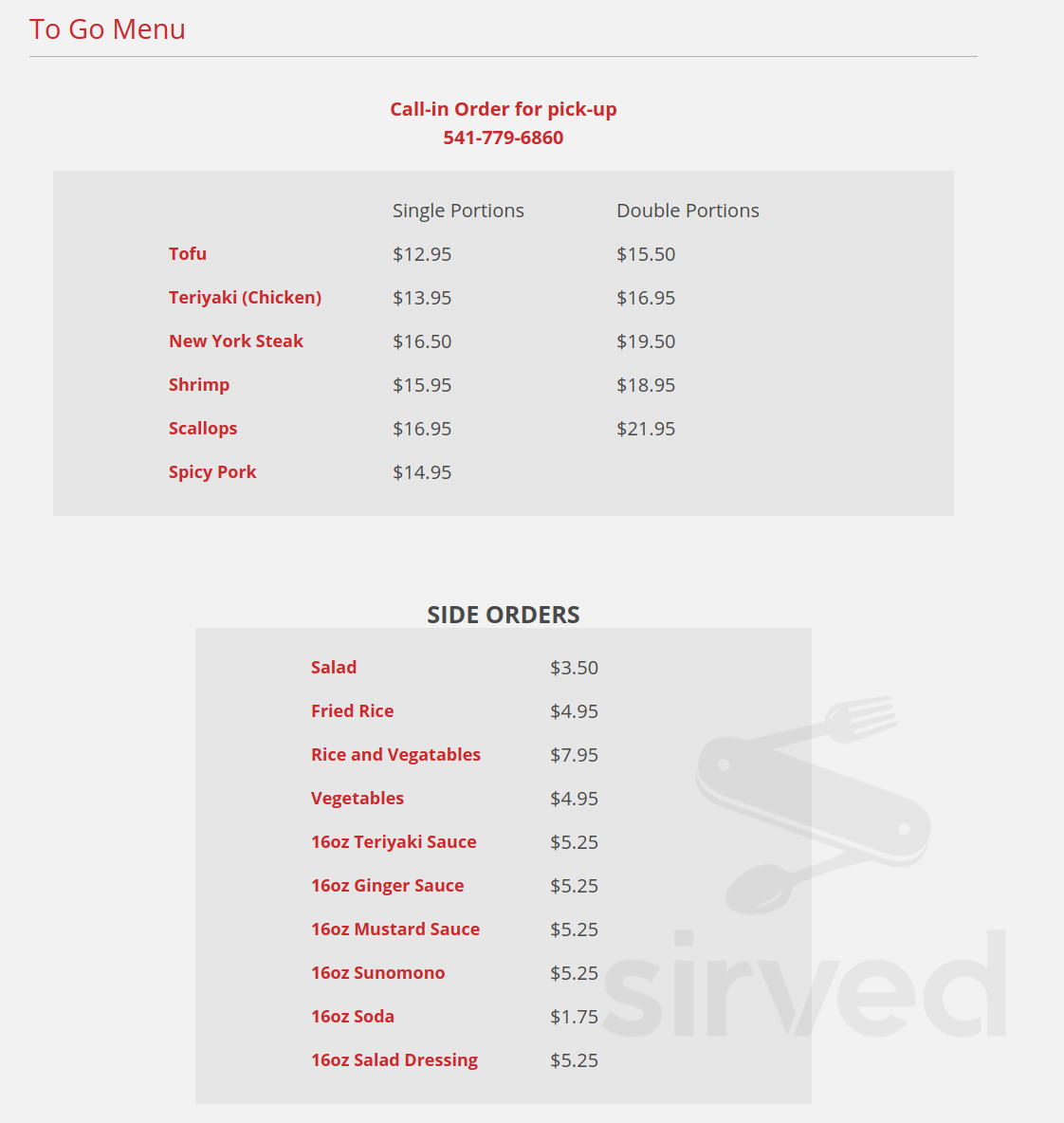 Shoji's menu in Medford, Oregon, USA