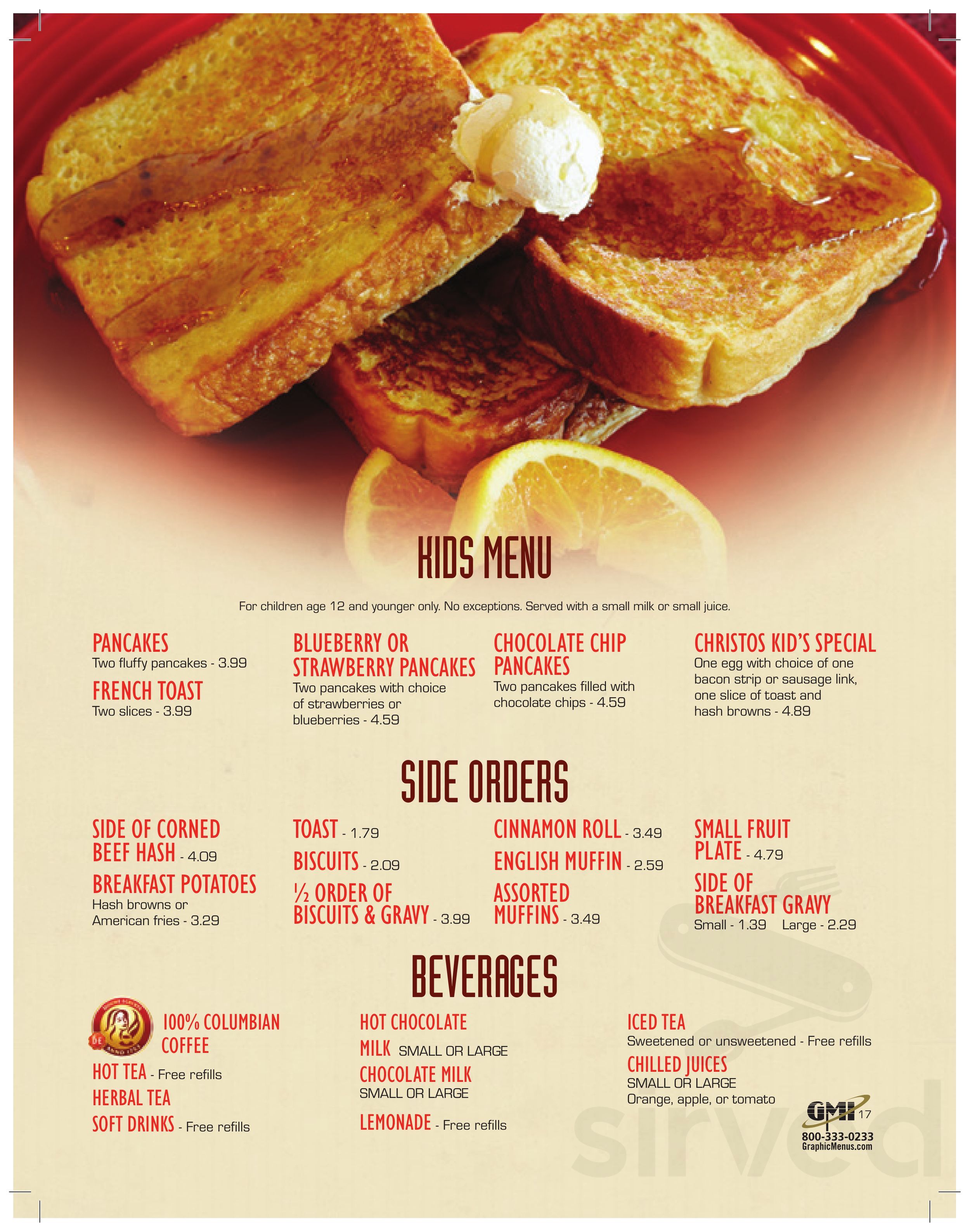 Christos Family Dining menu in Knox, Indiana, USA