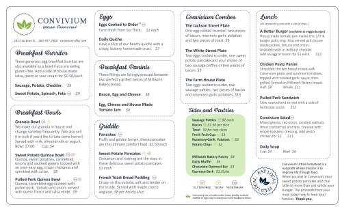 Convivium Urban Farmstead menu in Dubuque, Iowa, USA