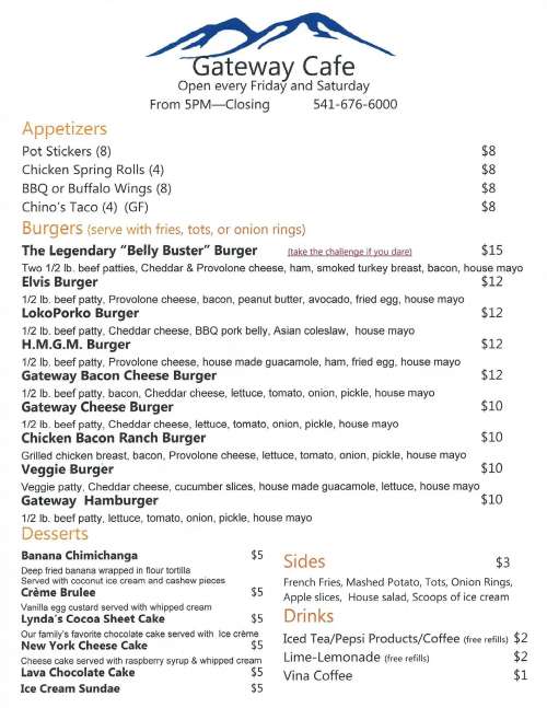 Gateway Cafe menu in Heppner, Oregon, USA