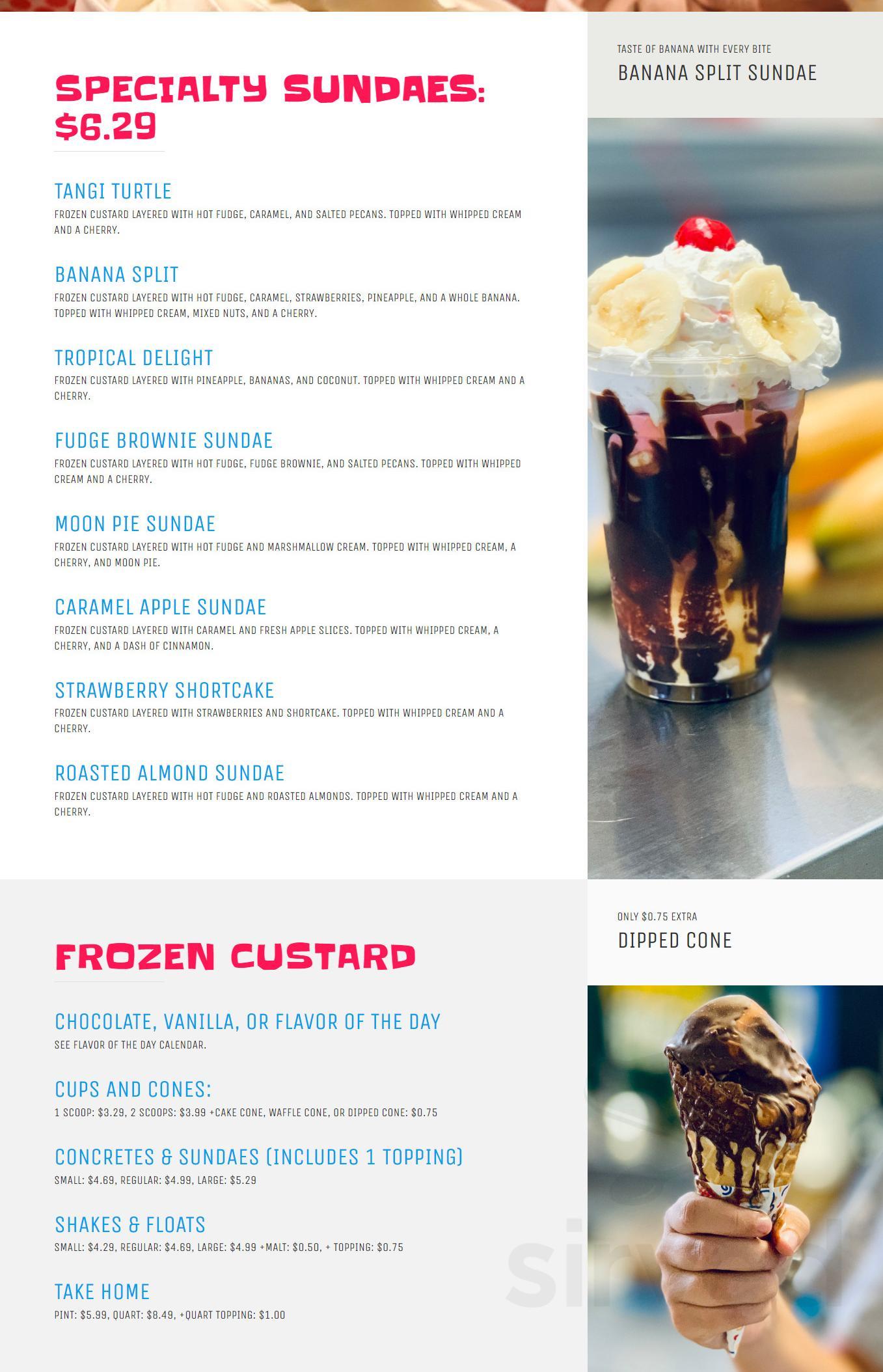 Eddie's Famous Frozen Custard menu in Hammond, Louisiana, USA