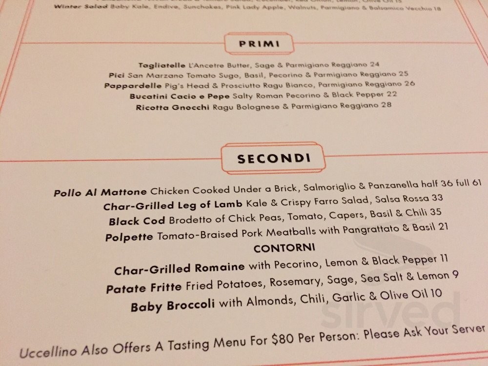 Uccellino menu in Edmonton, Alberta, Canada