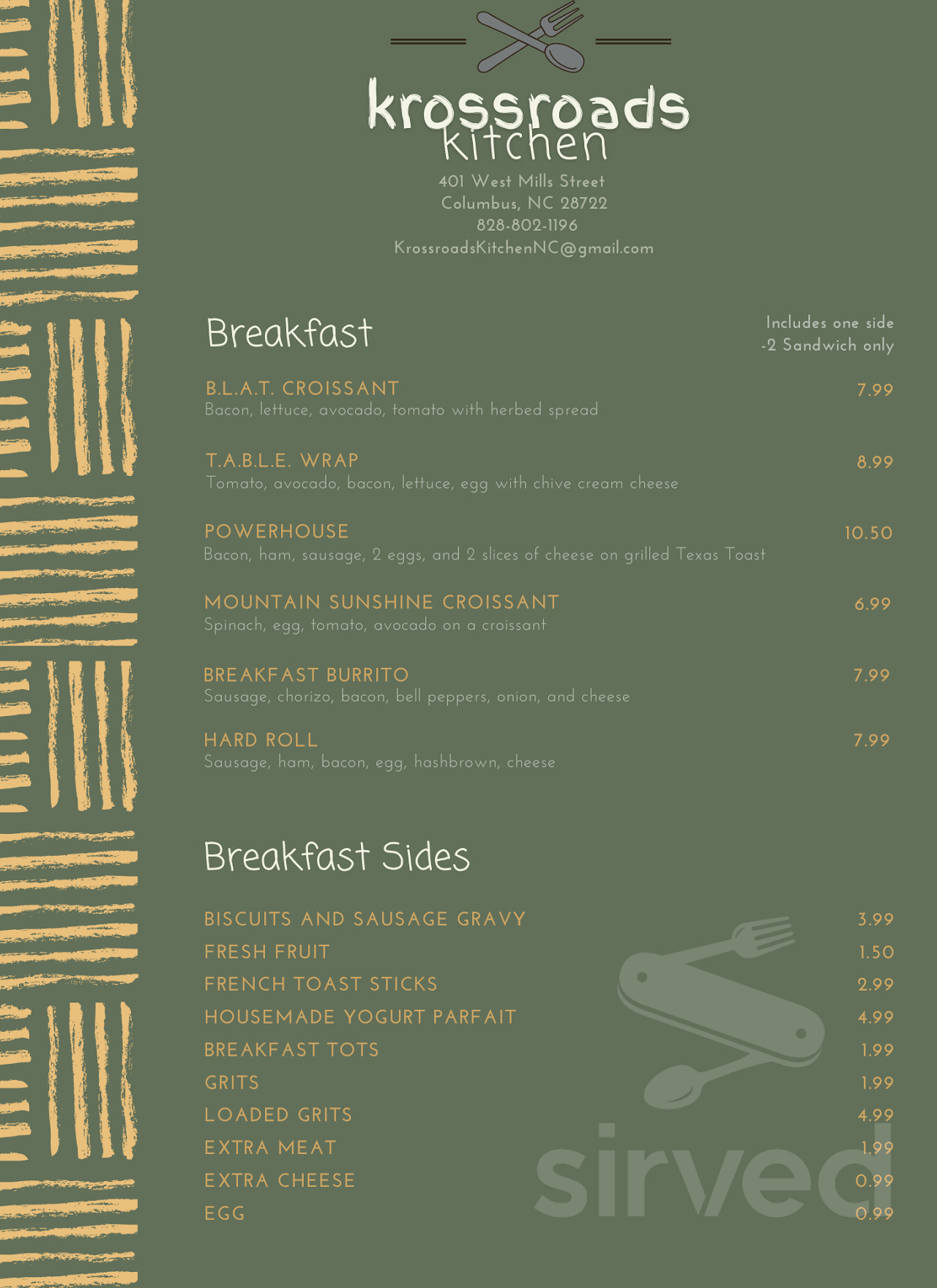 Krossroads Kitchen menu in Columbus, North Carolina, USA