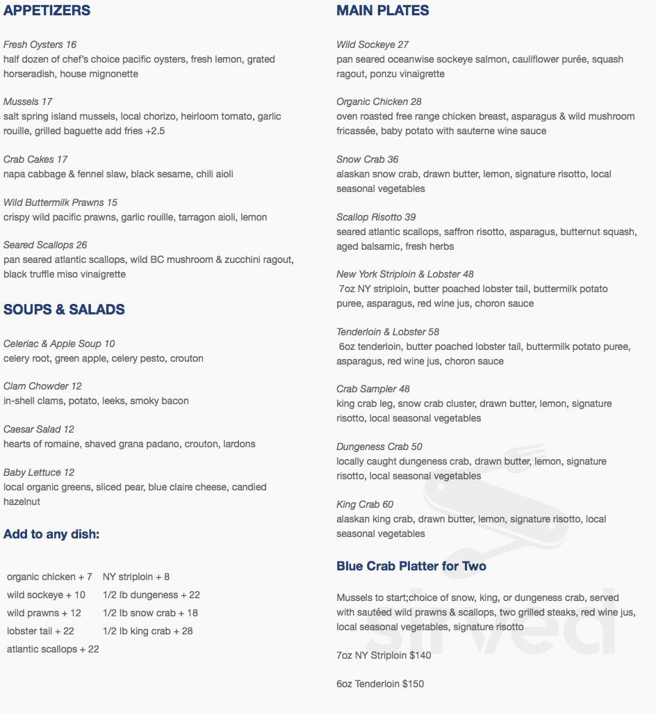 Blue Crab Seafood House menu in Victoria, British Columbia, Canada
