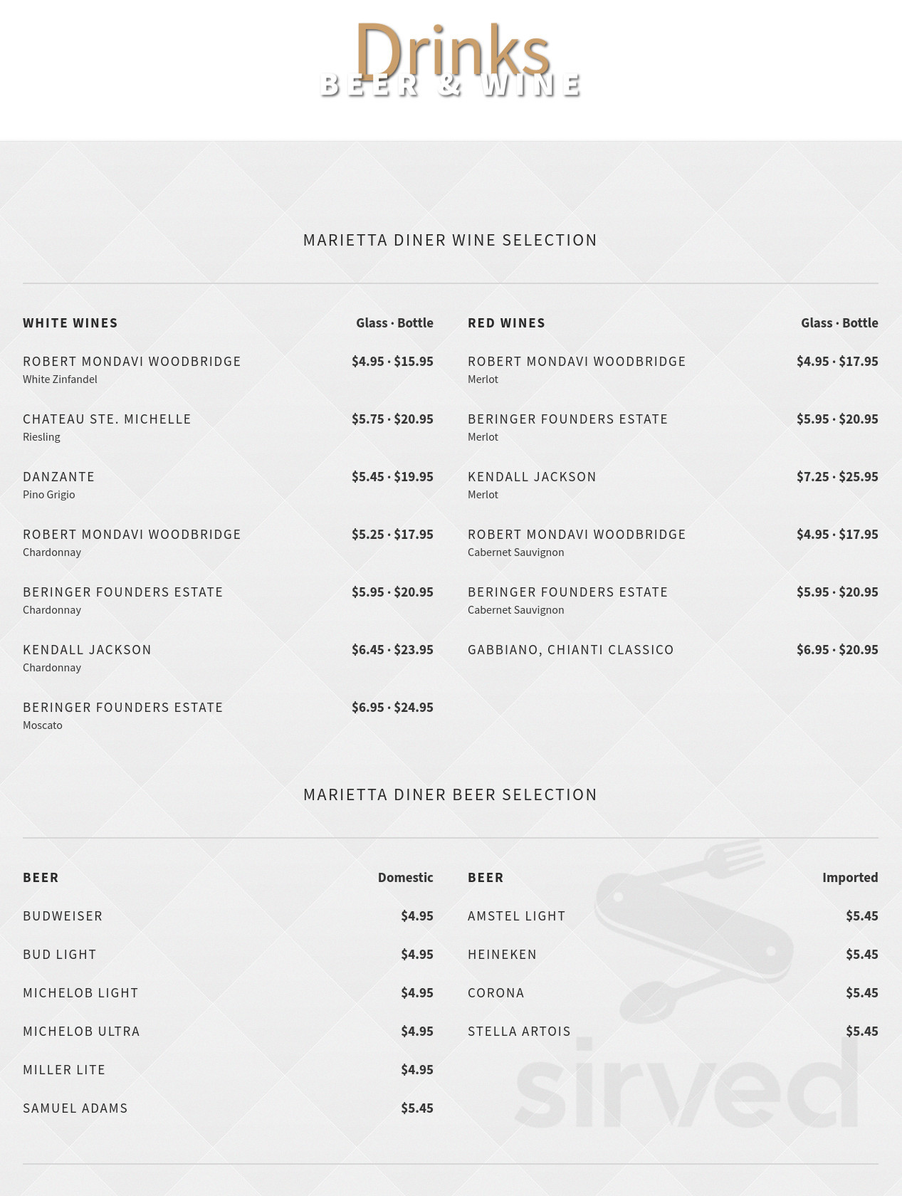 Menu for Marietta Diner in Marietta, GA | Sirved