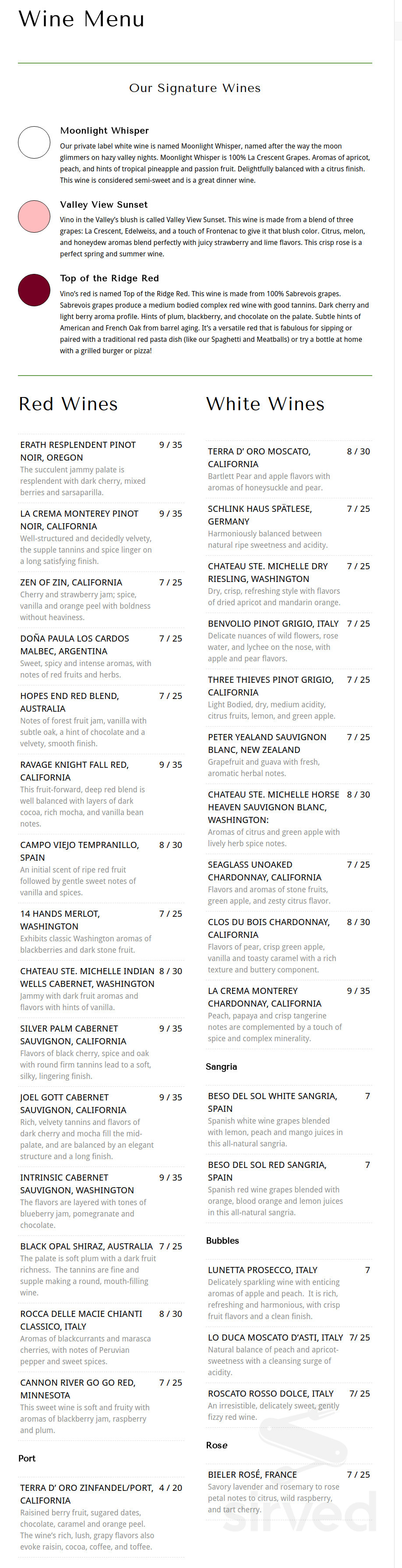 Vino Over The Valley menus in Arcadia, Wisconsin, United States