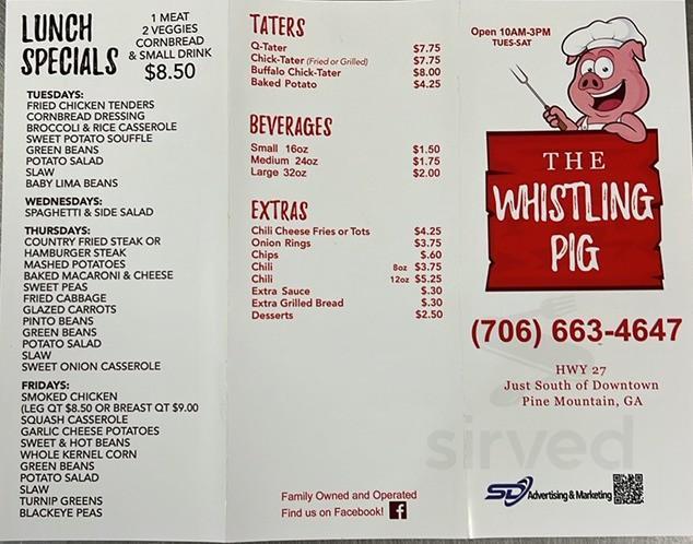 Moore's Whistling Pig Cafe menu in Pine Mountain, Georgia, USA