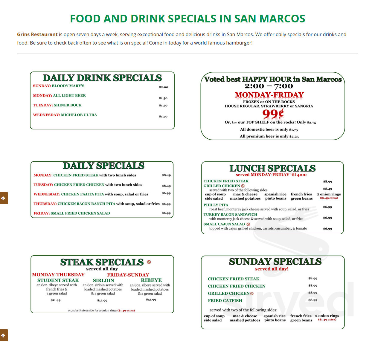 Grins Restaurant menu in San Marcos, Texas, USA