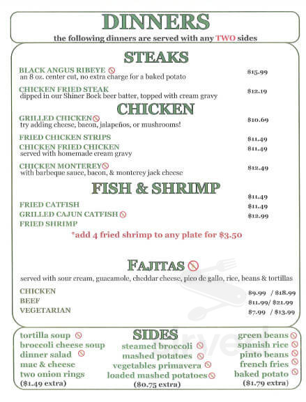Grins Restaurant menu in San Marcos, Texas, USA