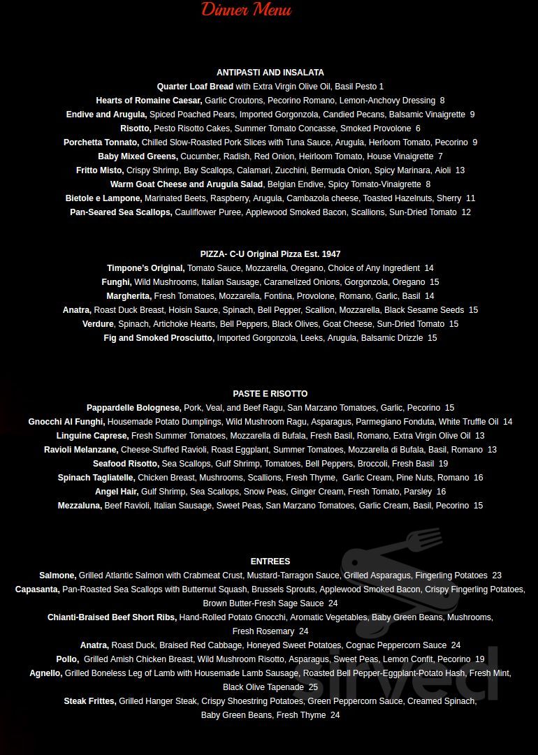 Timpone's menu in Urbana, Illinois, USA