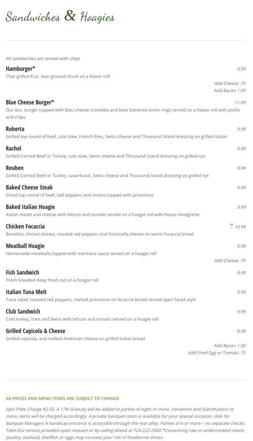 The Union Grill menu in Washington, Pennsylvania, USA