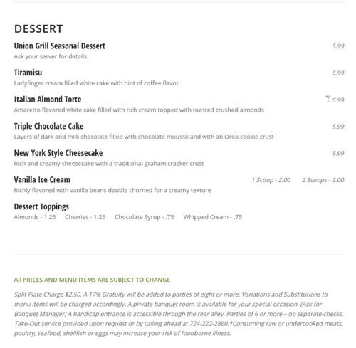 The Union Grill menu in Washington, Pennsylvania, USA
