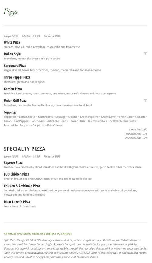 The Union Grill menu in Washington, Pennsylvania, USA
