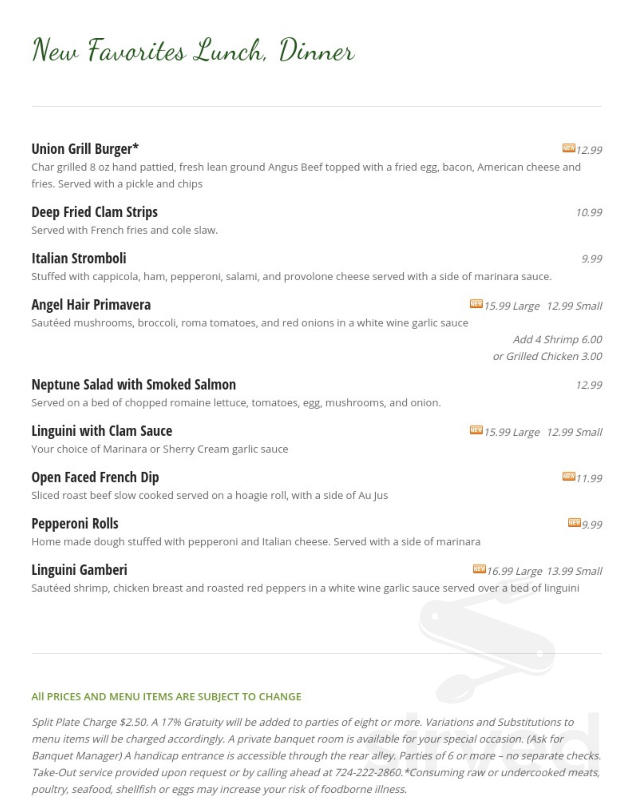 The Union Grill menus in Washington, Pennsylvania, United States