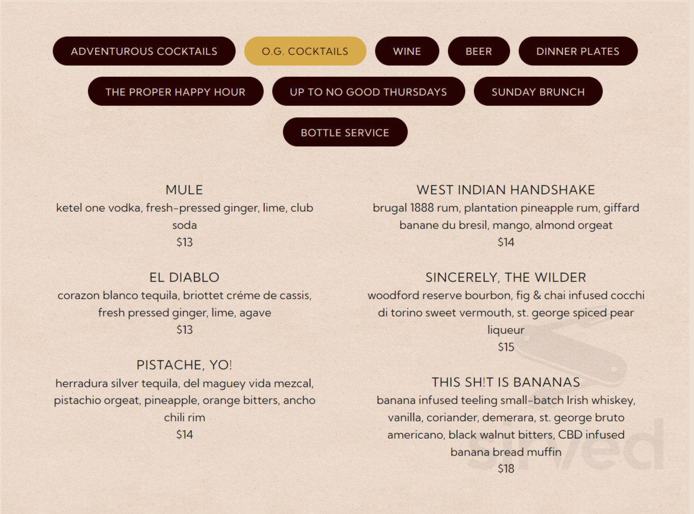 The Wilder menu in Fort Lauderdale, Florida, USA