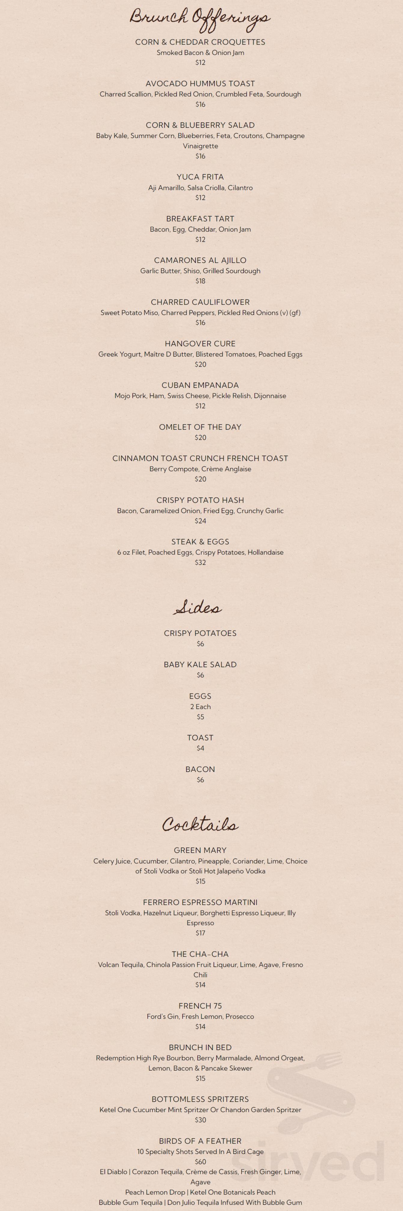 The Wilder menu in Fort Lauderdale, Florida, USA