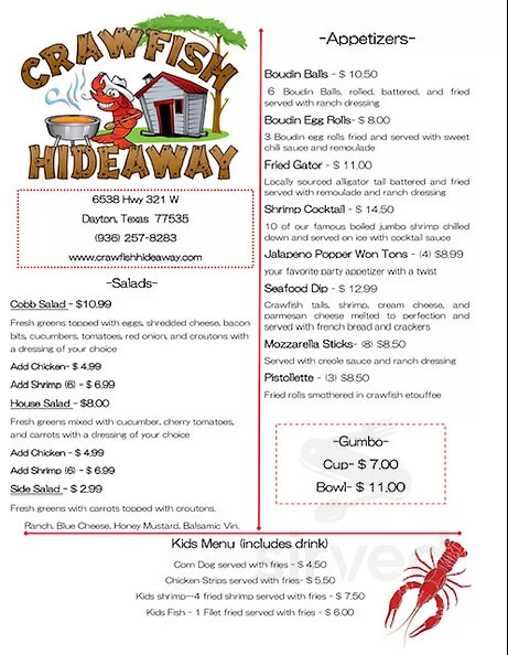 Crawfish Hideaway menu in Buffalo, Texas, USA