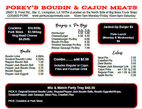 Porky's menu in Livingston, Louisiana, USA