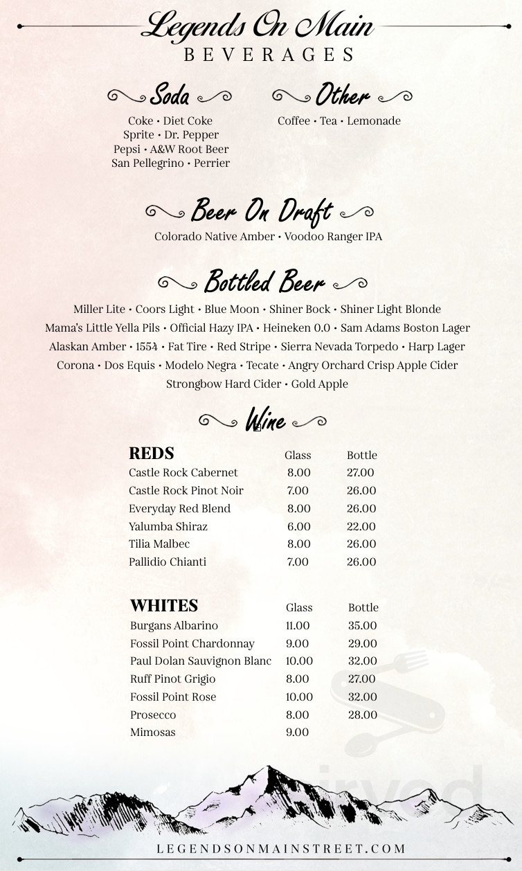 Legends On Main menu in La Veta, Colorado, USA