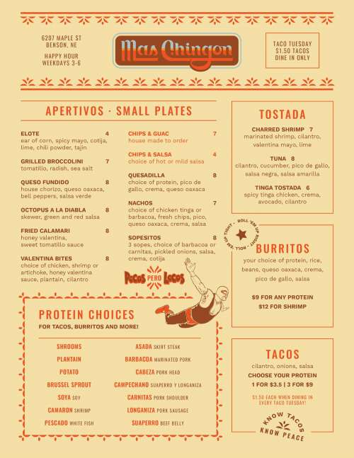 Mas Chingon menu in Omaha, Nebraska, USA