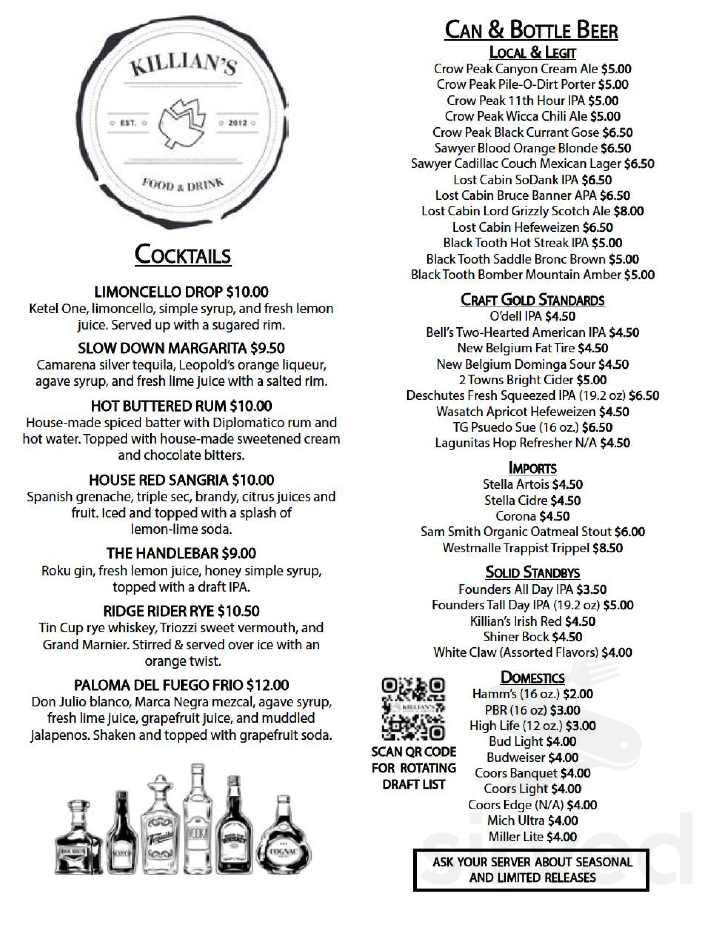 Killian's Food & Drink menu in Spearfish, South Dakota, USA