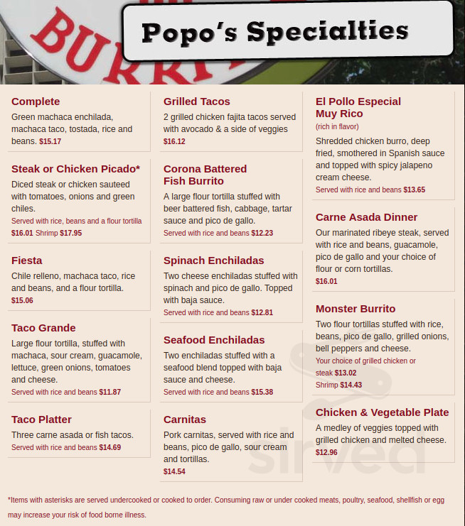 POPO'S Fiesta Del Sol menu in Phoenix, Arizona, USA