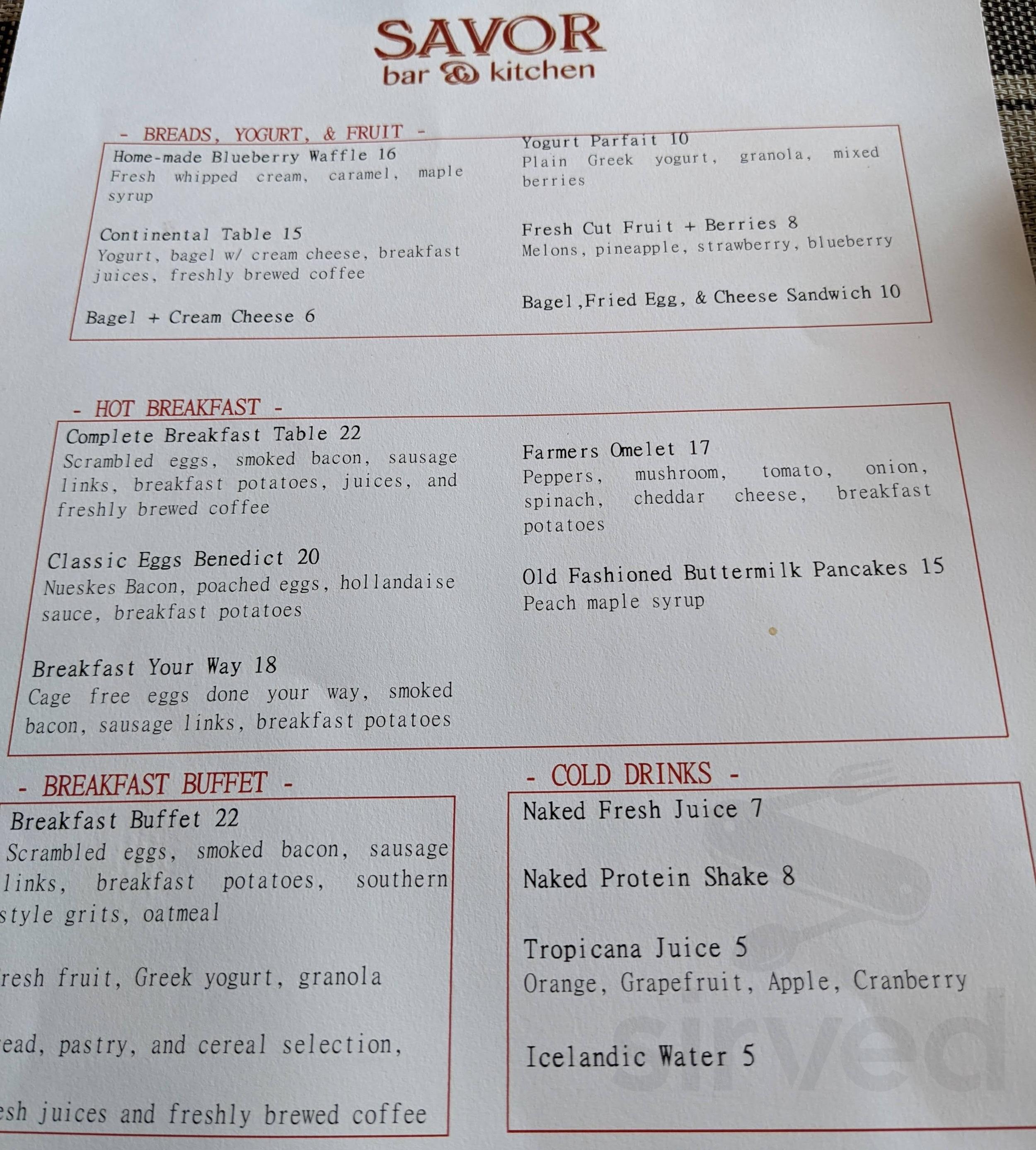 Savor Bar & Kitchen menu in Atlanta, Georgia, USA