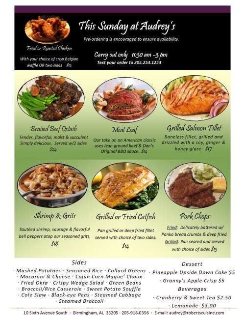 Audrey's Restaurant menu in Birmingham, Alabama, USA