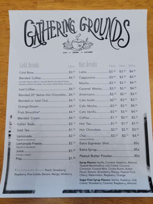 Gathering Grounds menu in Black River Falls, Wisconsin, USA