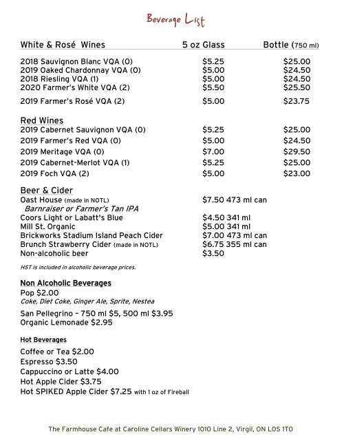 Caroline Cellars menu in Virgil, Ontario, Canada