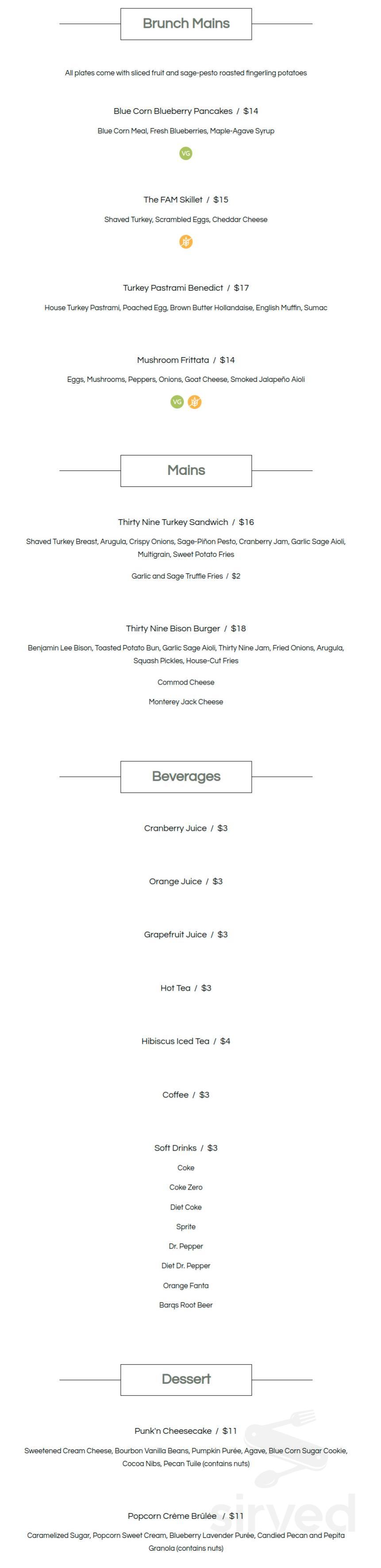 Thirty Nine Restaurant menu in Oklahoma City, Oklahoma, USA