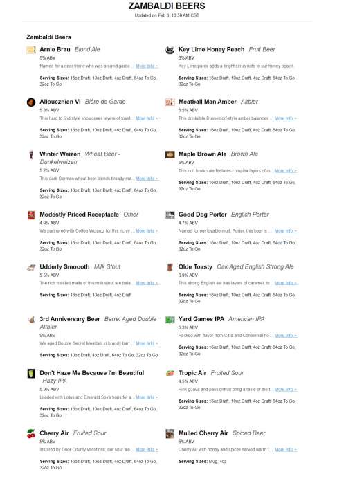 Zambaldi Beer menu in Green Bay, Wisconsin, USA