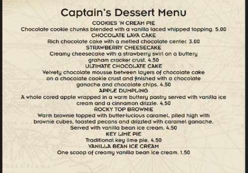 Captain's Galley menu in Dandridge, Tennessee, USA