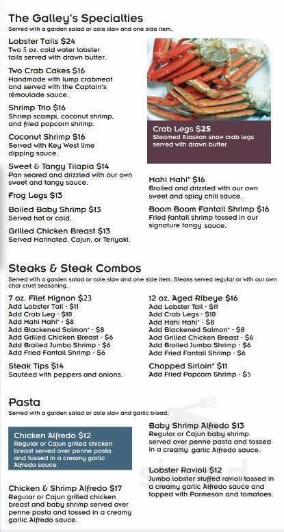 Captain's Galley menu in Dandridge, Tennessee, USA