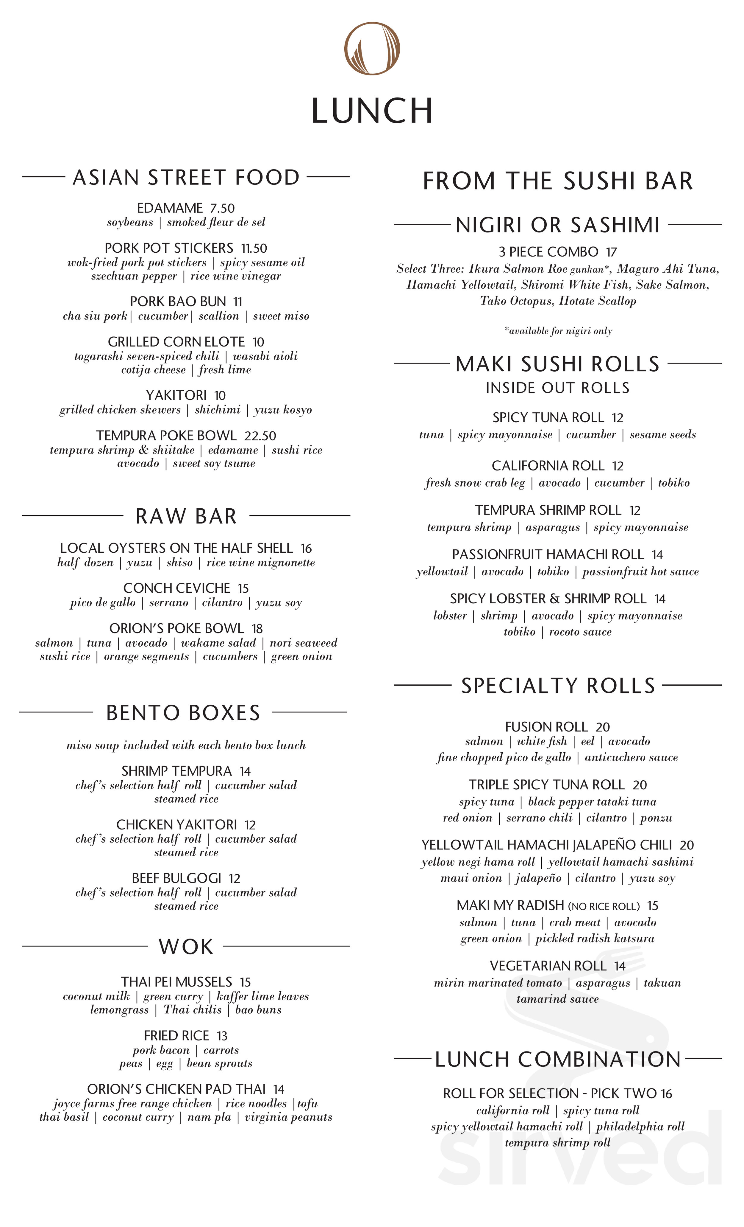 Orion's Roof menu in Virginia Beach, Virginia, USA