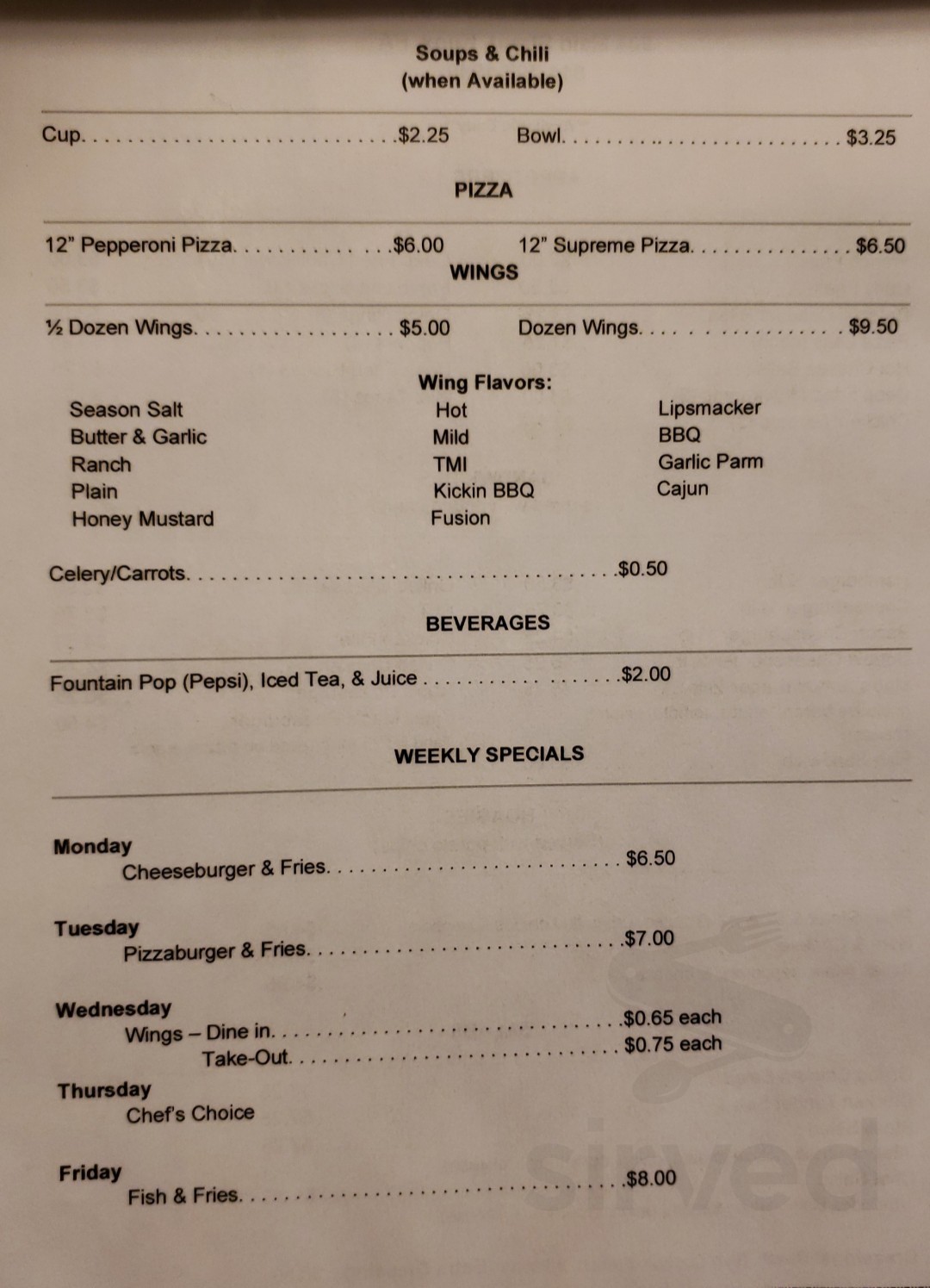Mac's Bar/Grill menu in Knox, Pennsylvania, USA
