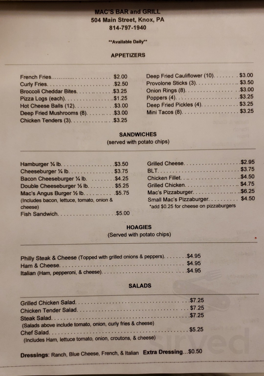 Mac's Bar/Grill menu in Knox, Pennsylvania, USA