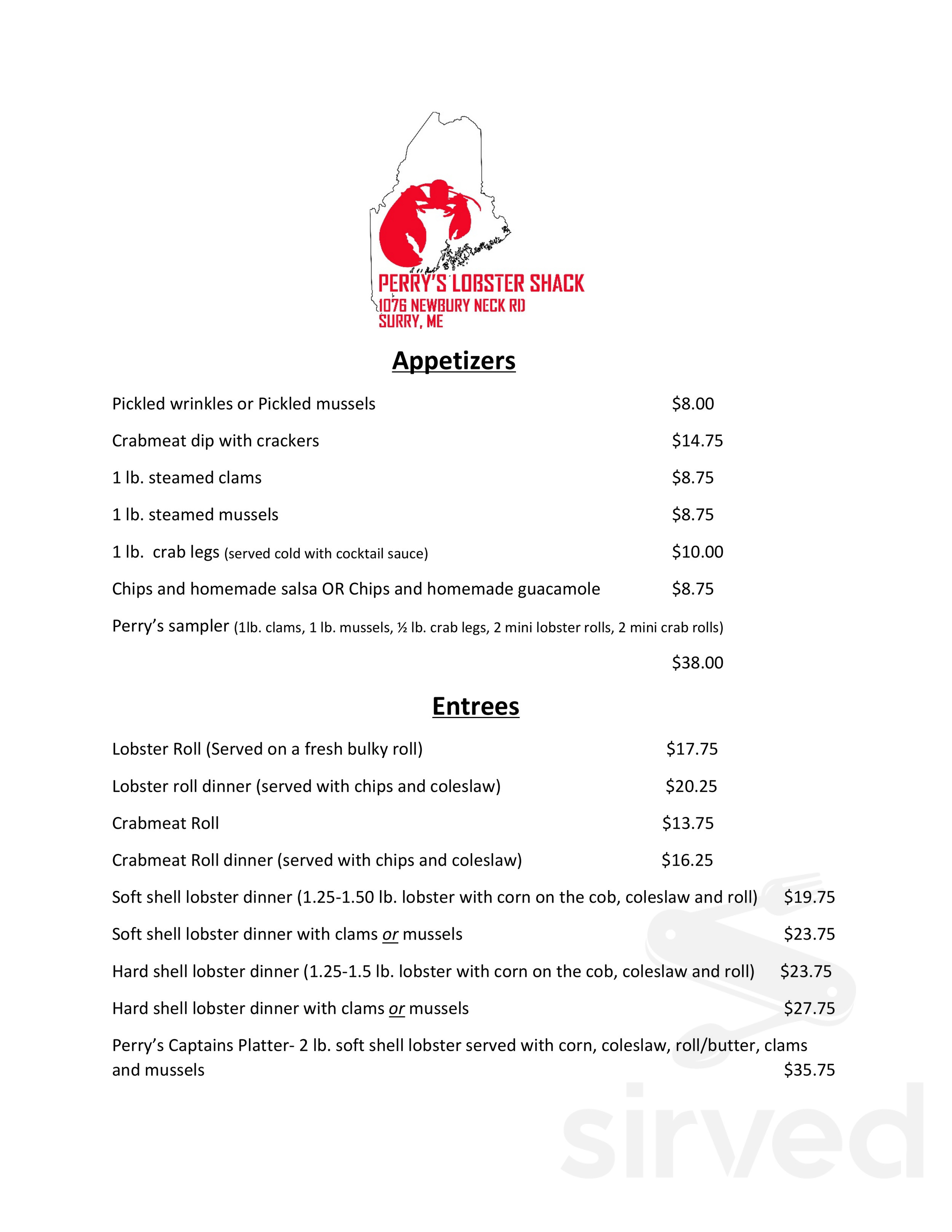 Menu - Surry ME's Perry's Lobster Shack | Sirved