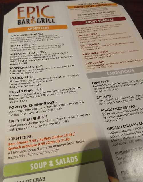 Epic Bar And Grill menu in Ocean City, Maryland, USA