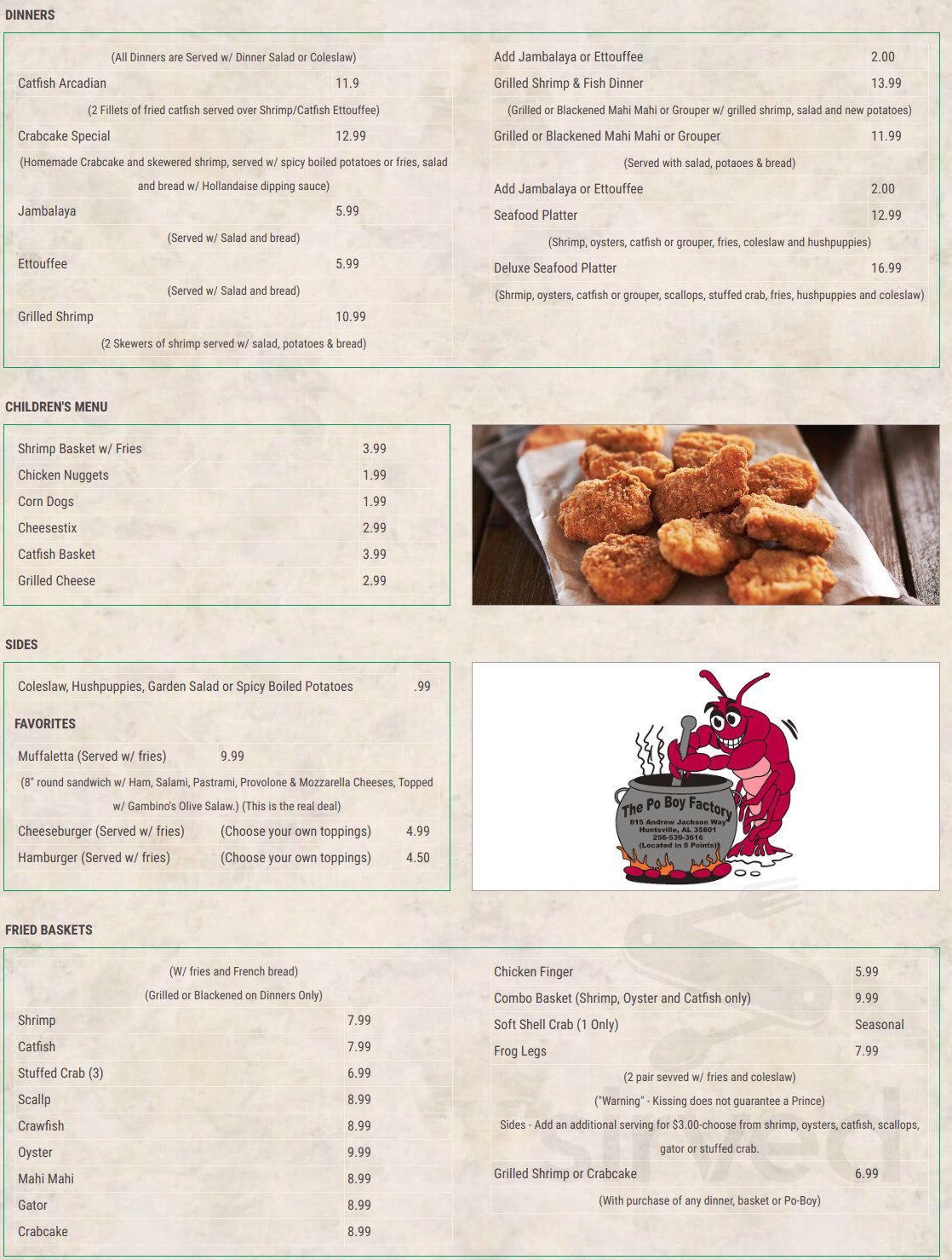 Menu for Po Boy Factory in Huntsville, AL | Sirved