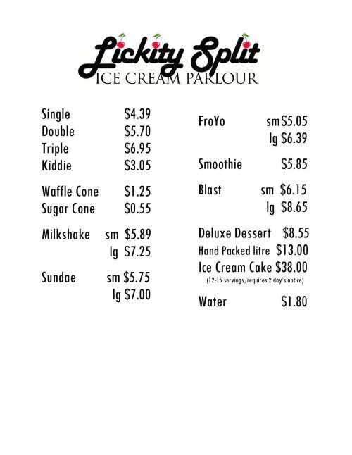 Lickity Split menu in Parkhill, Ontario, Canada