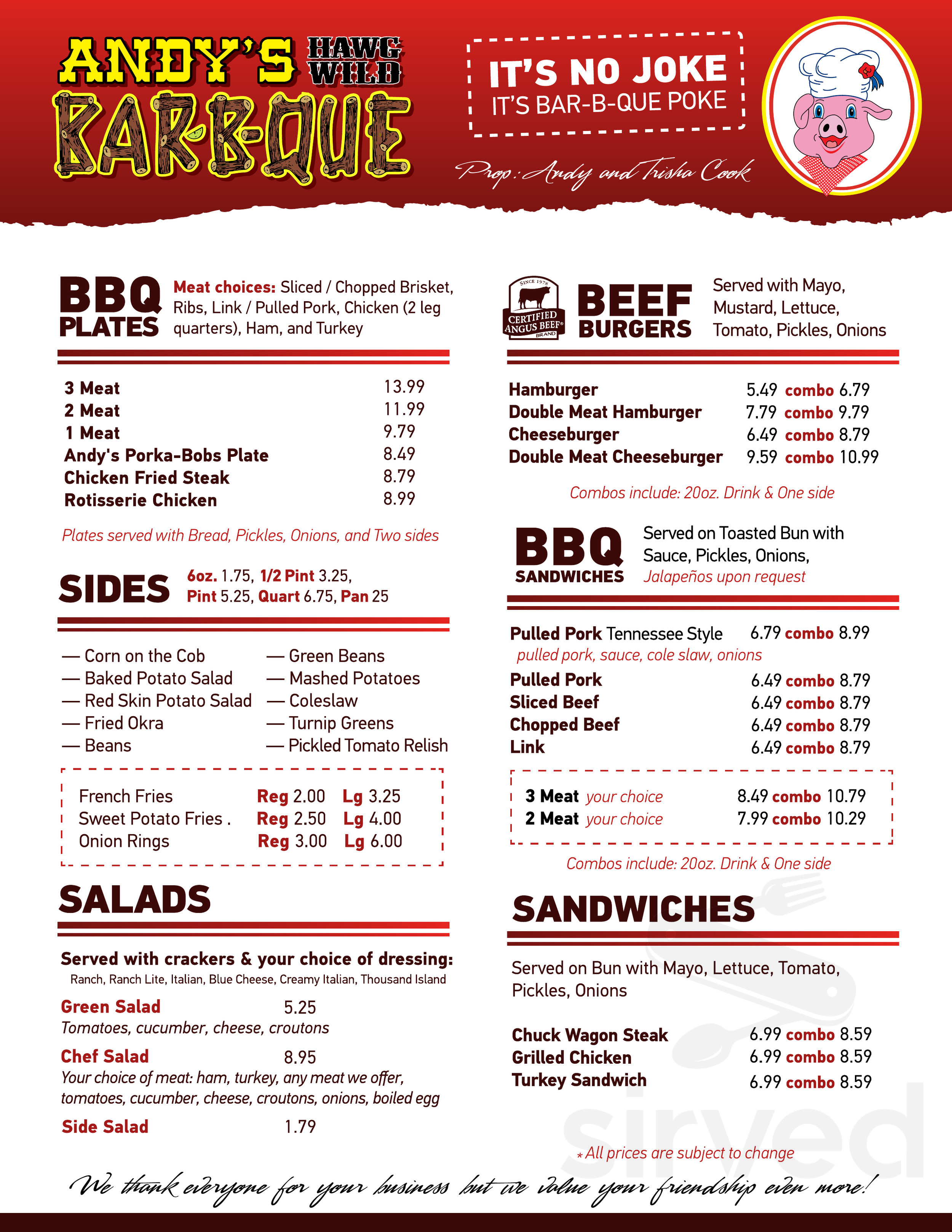 Menu for Andy's Hawg Wild Bar-B-Que in Pasadena, TX | Sirved