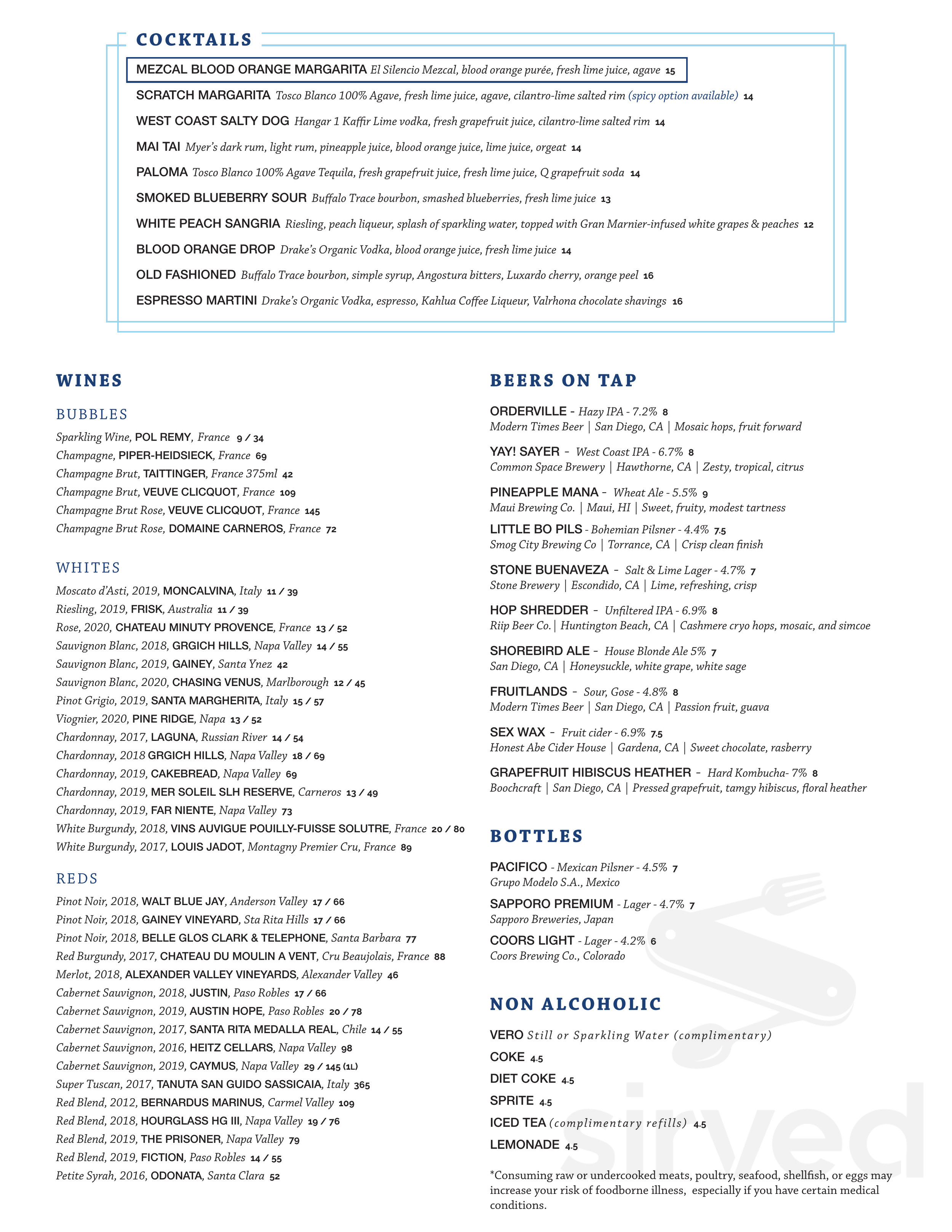 Shorebird Restaurant menu in Newport Beach, California, USA