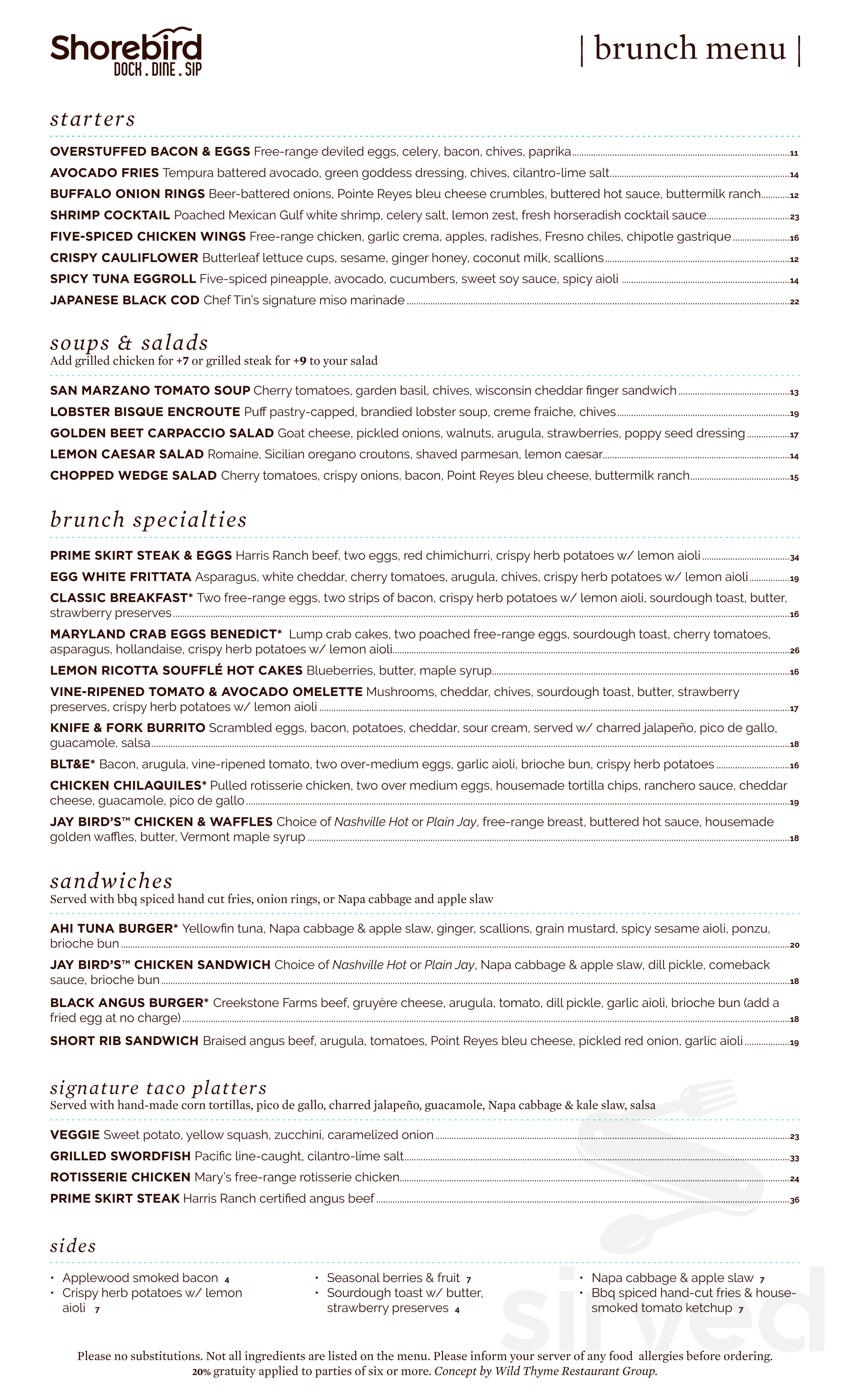 Shorebird Restaurant menu in Newport Beach, California, USA
