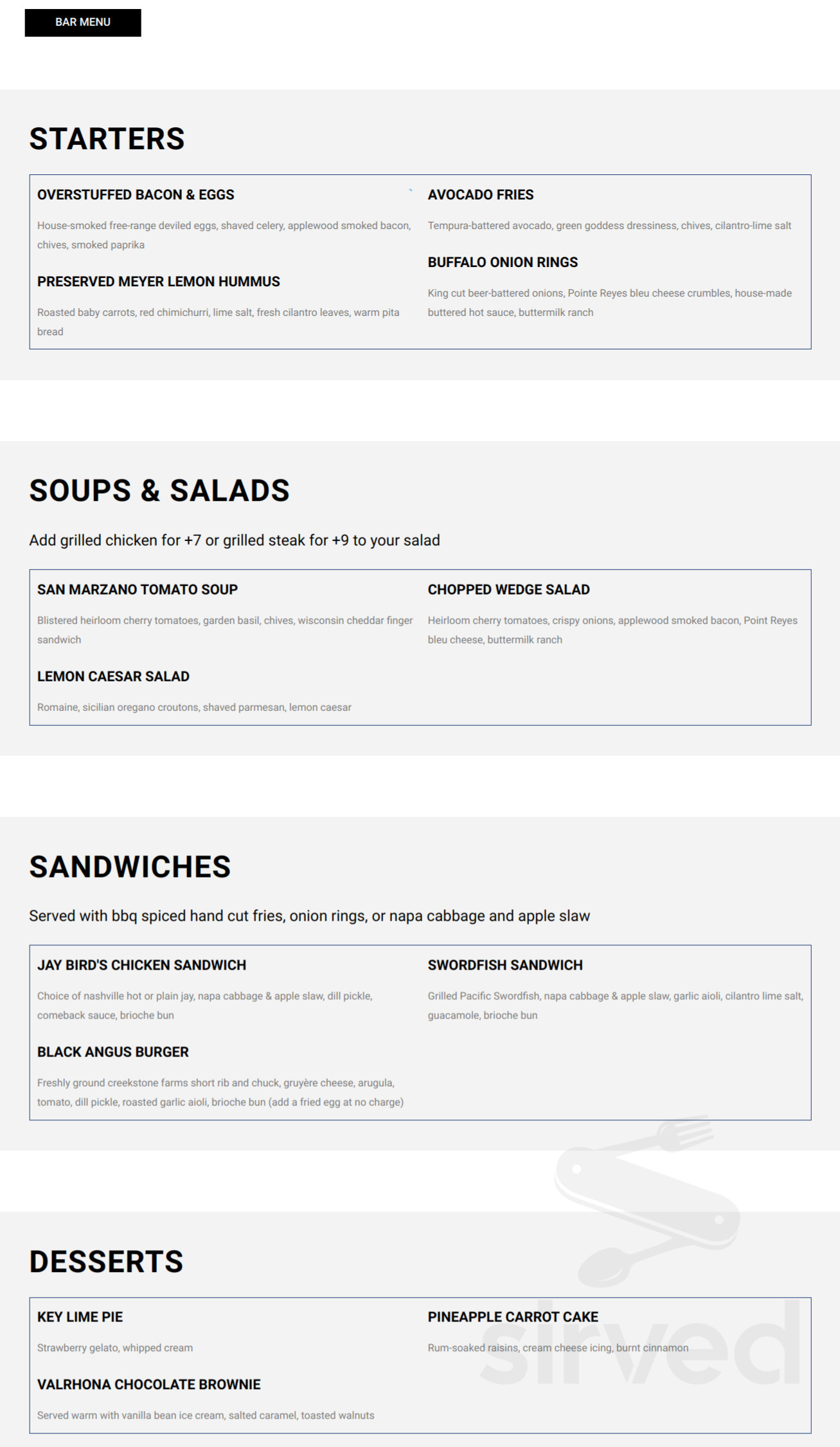 Shorebird Restaurant menu in Newport Beach, California, USA