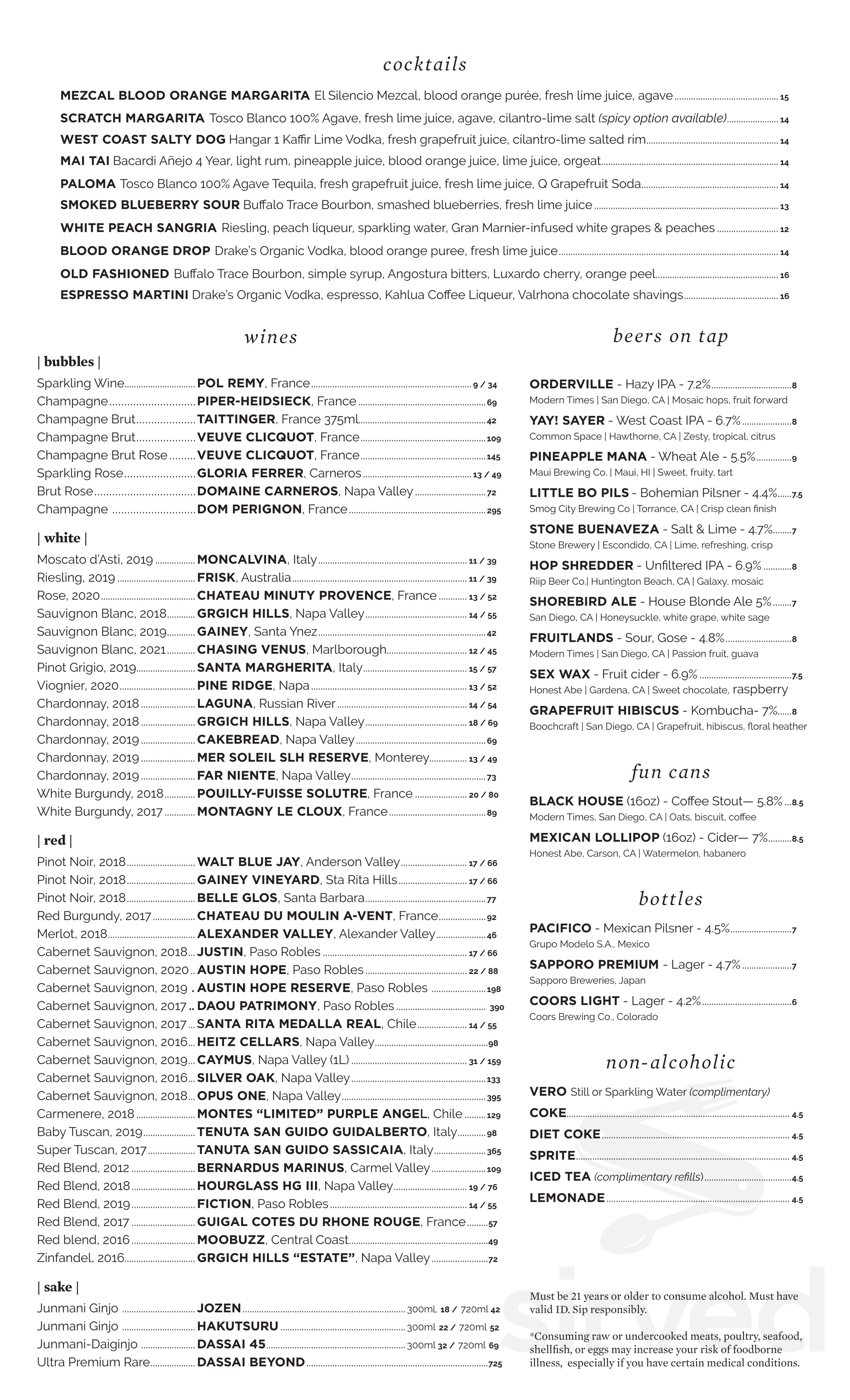 Shorebird Restaurant menu in Newport Beach, California, USA