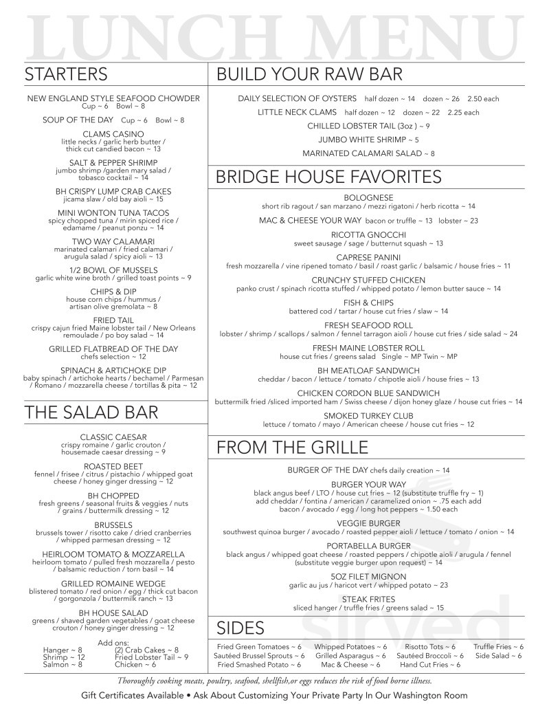 Bridge House Restaurant menu in Milford, Connecticut, USA