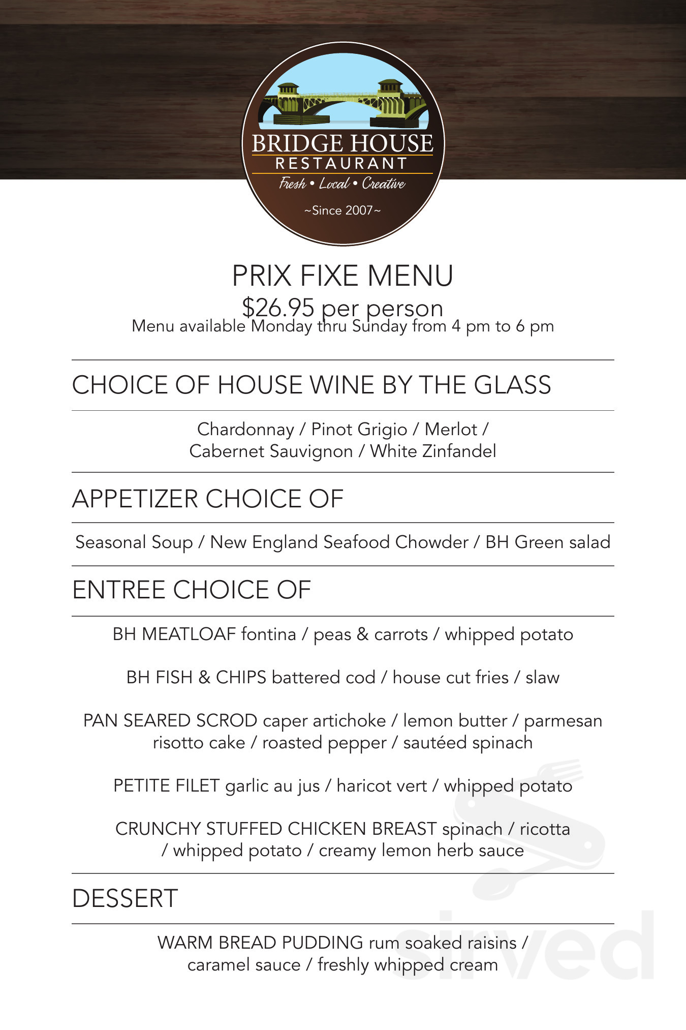 Bridge House Restaurant menu in Milford, Connecticut, USA